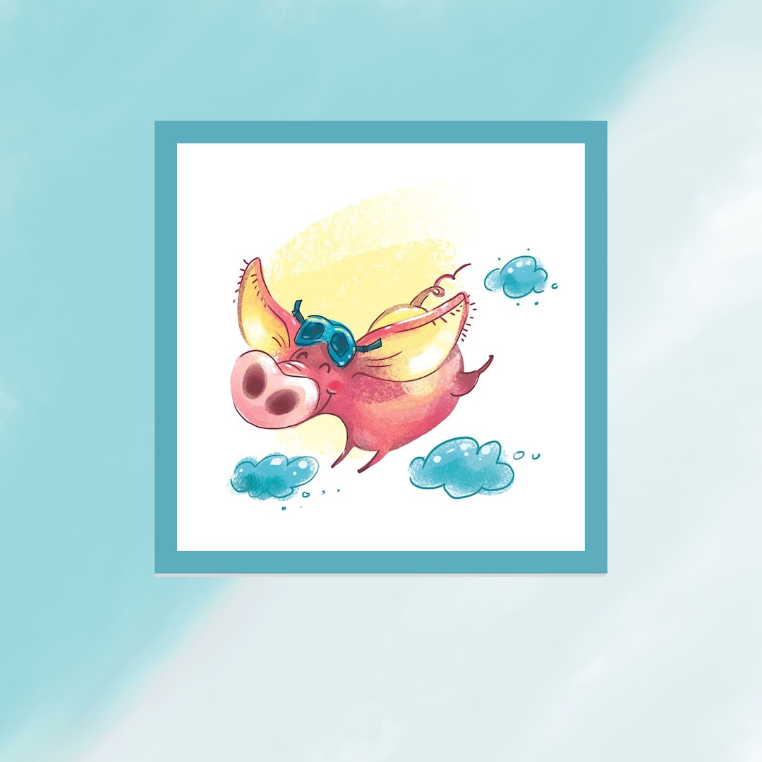 Happy Flying Pig Illustration Art Print | Modern Pig Flying With Clouds ...