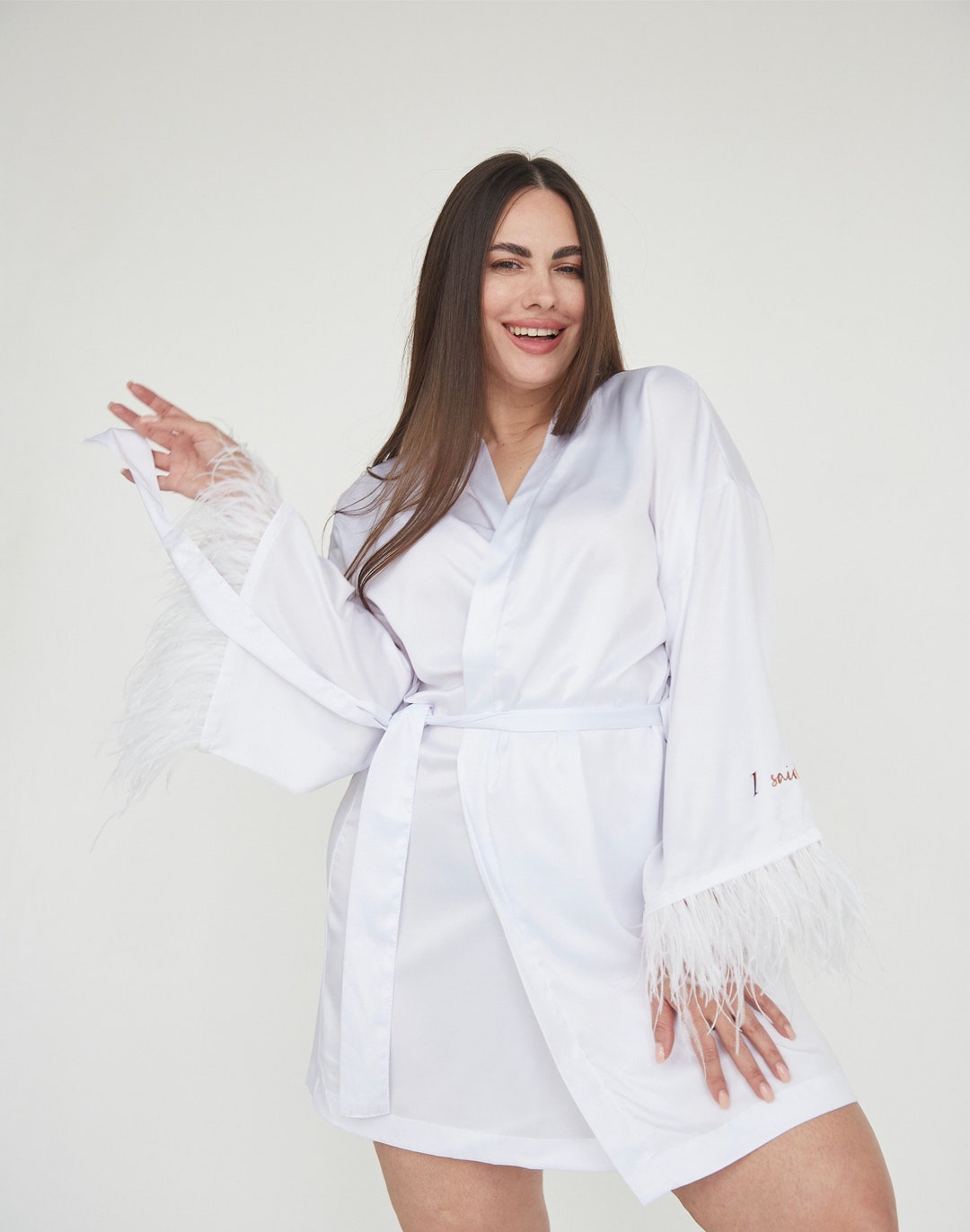 Plus Size Bridal Robe, White Feather Robe, Wedding Robe, Free ...