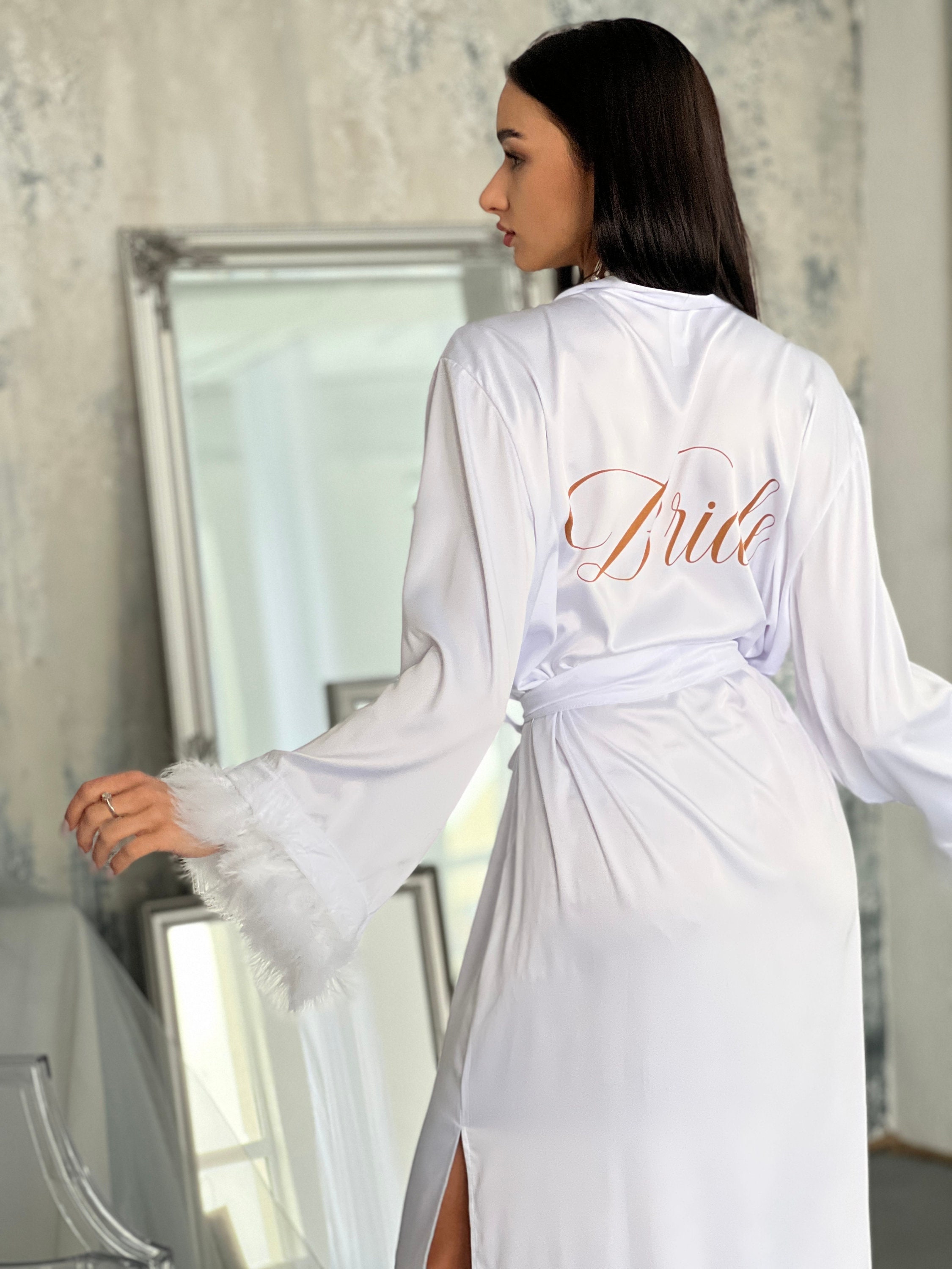 White Bridal Fur Lined Robe With Silk Nightgown For Wedding Etsy
