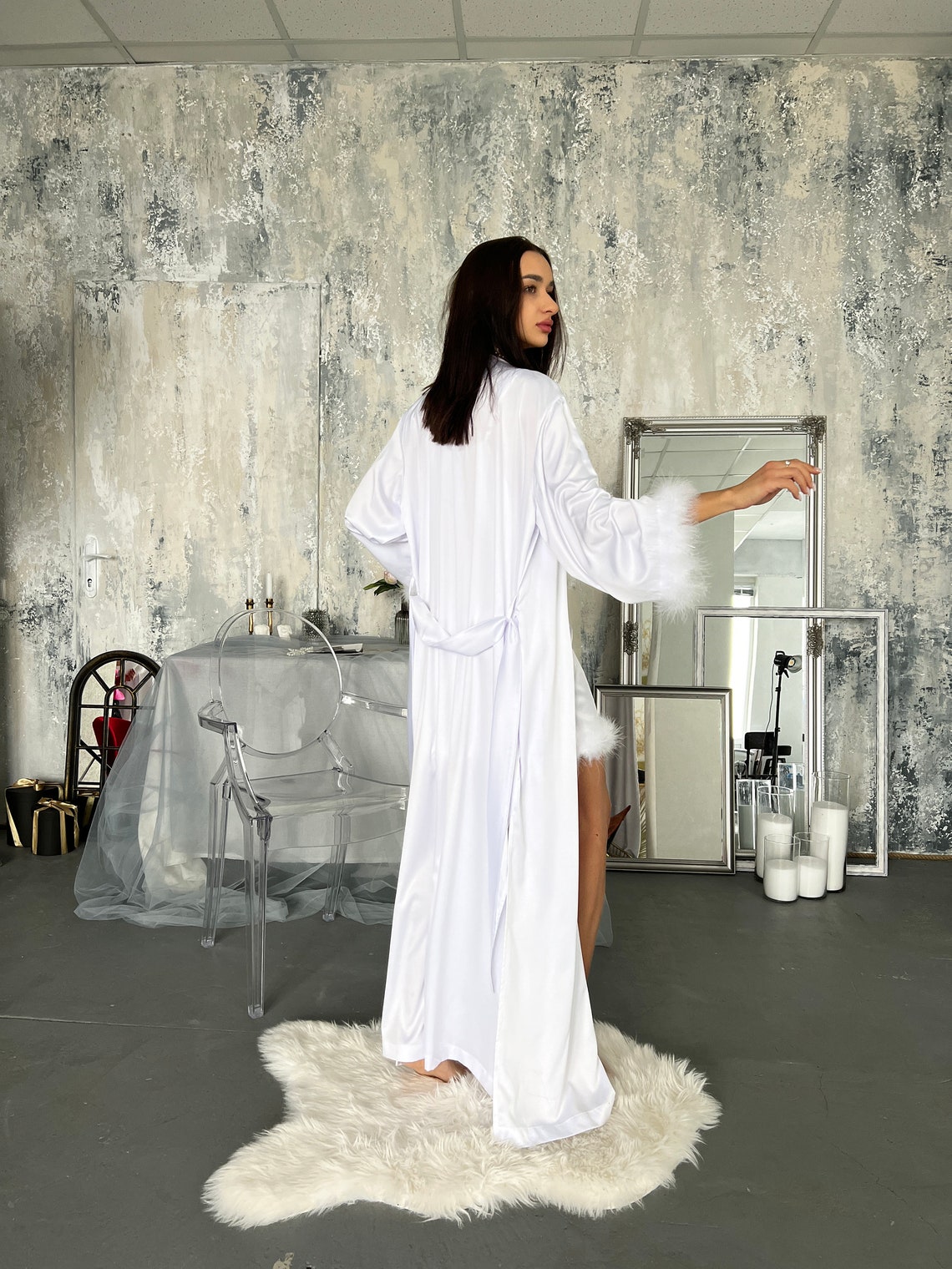 White Bridal Fur Lined Robe With Silk Nightgown for Wedding Morning ...