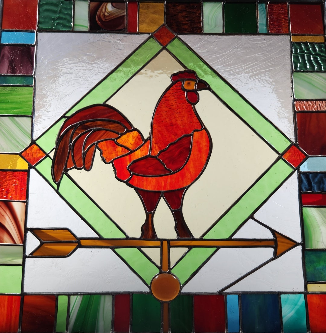 Large 18x18 Vintage Stained Glass Window Panel / Suncatcher featuring a ...