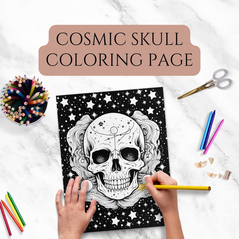 Cosmic Skill Coloring Page 8.5x11 | Skull Stars and Plates Design ...