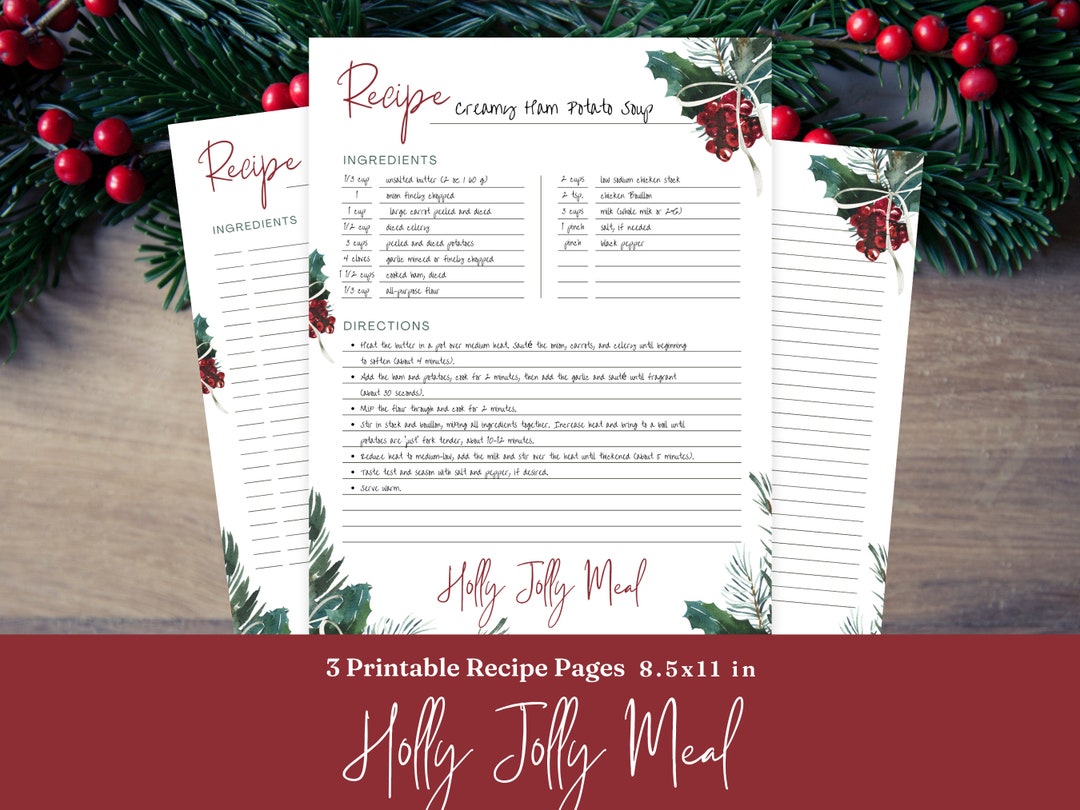 Printable Holly Christmas Themed Recipe Pages | Cookbook Binder Pages ...