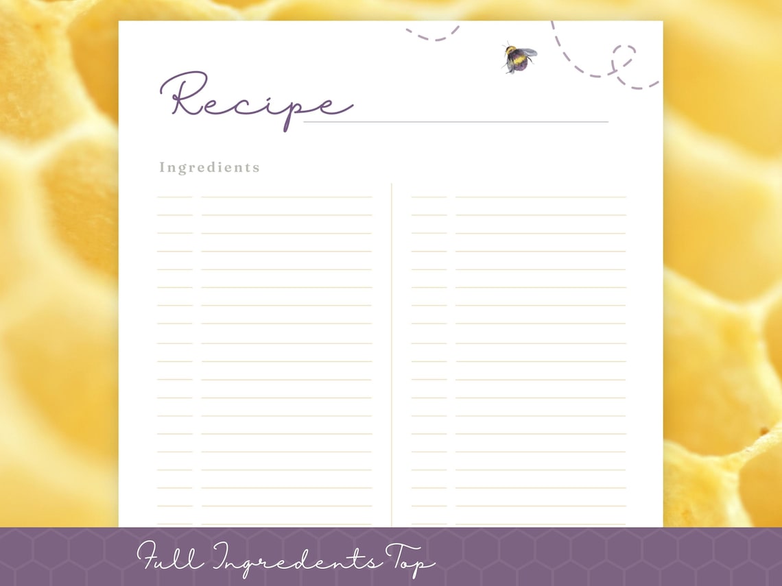 Printable Bee Recipe Pages | Cookbook Binder Pages | Recipe Card Full ...