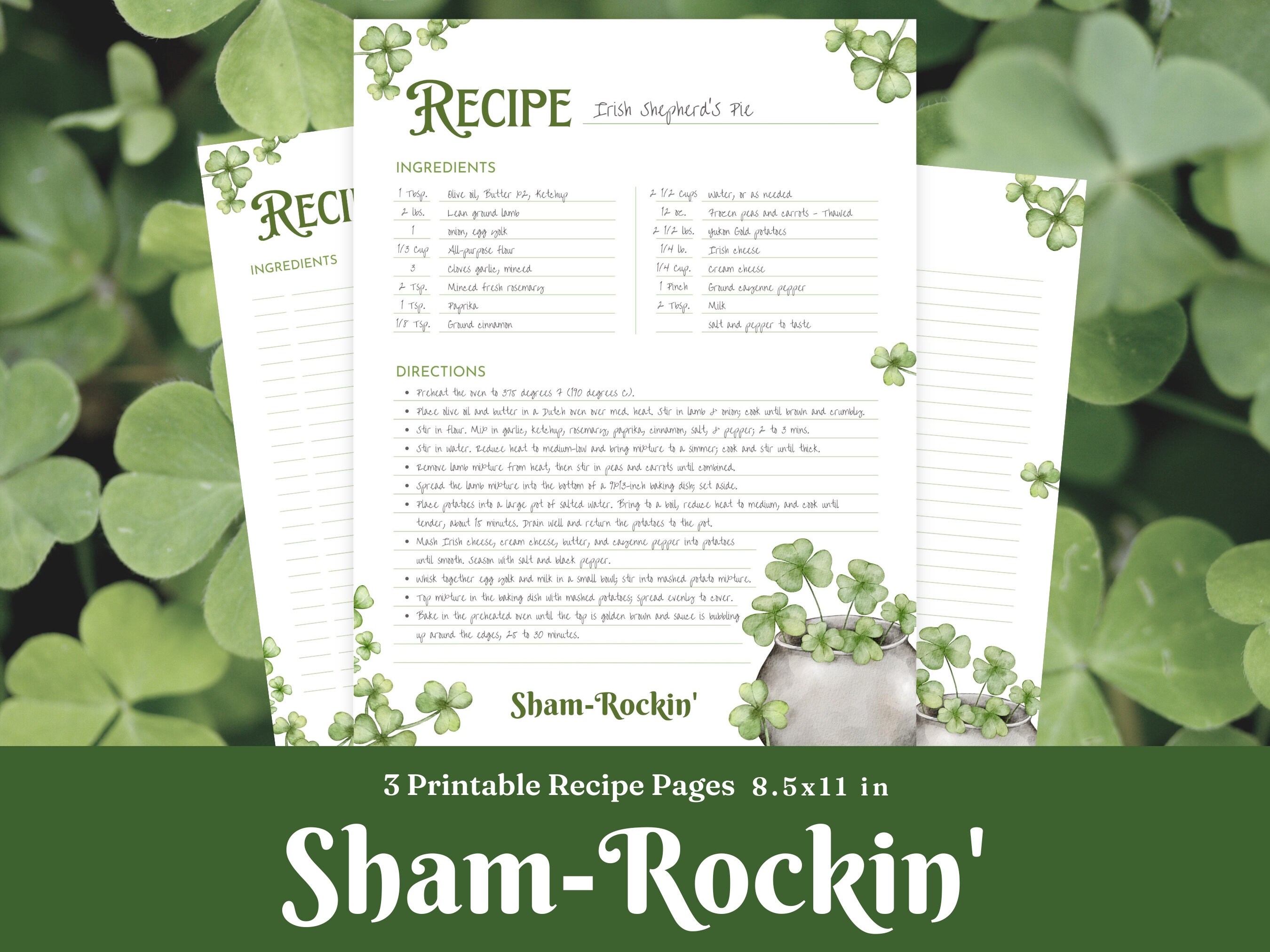 Printable Shamrock / Irish Recipe Pages | Custom Cookbook | Recipe Card ...