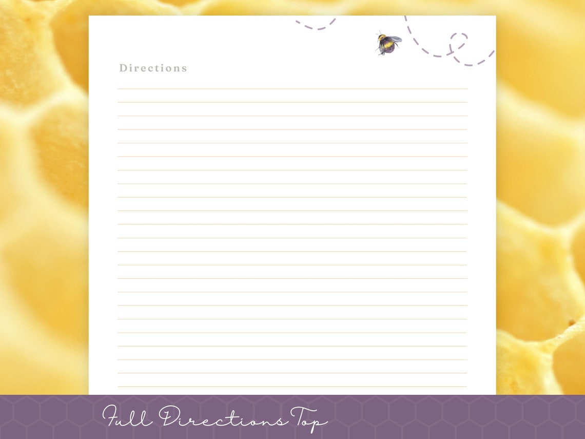 Printable Bee Recipe Pages | Cookbook Binder Pages | Recipe Card Full ...