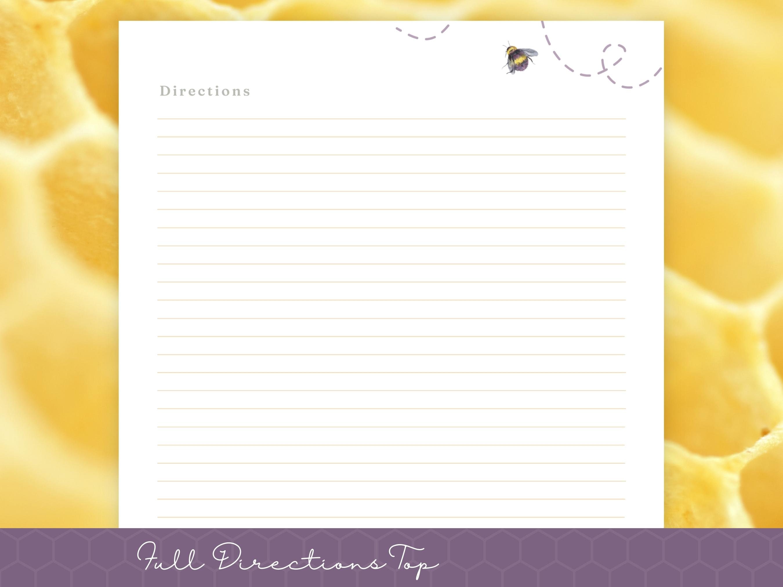 Printable Bee Recipe Pages | Cookbook Binder Pages | Recipe Card Full ...