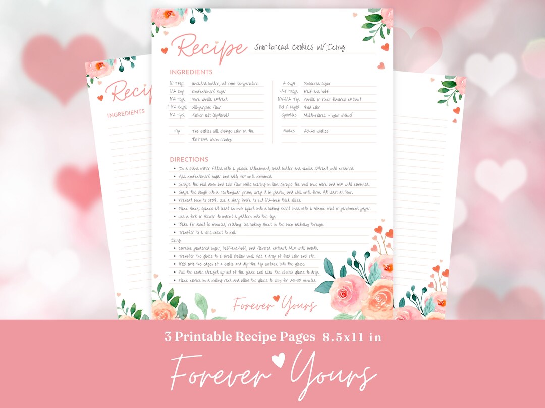 Printable Valentine's Heart / Floral Recipe Pages Custom Cookbook ...