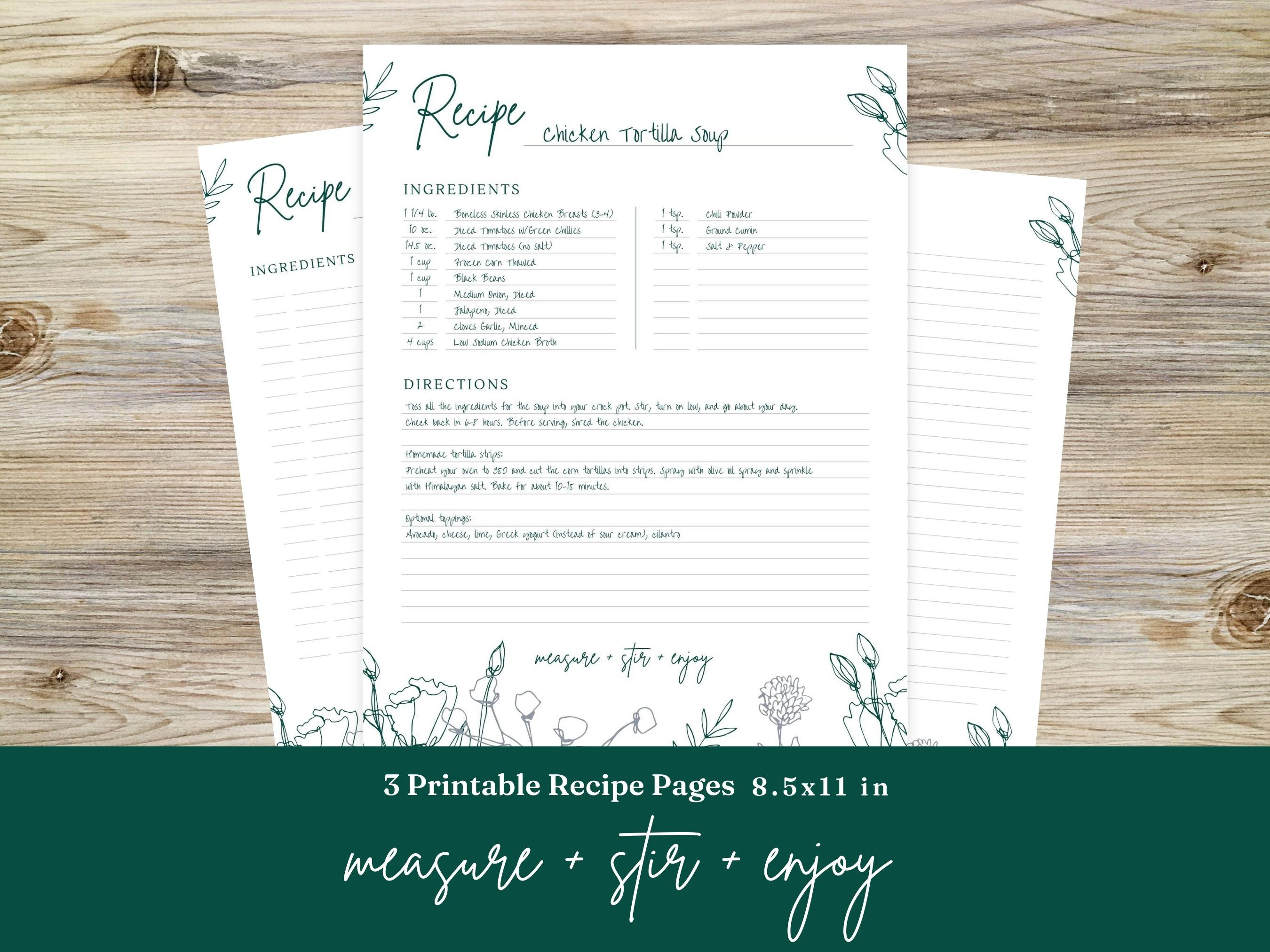 Printable Green Floral Recipe Pages | Cookbook Binder Pages | Recipe ...