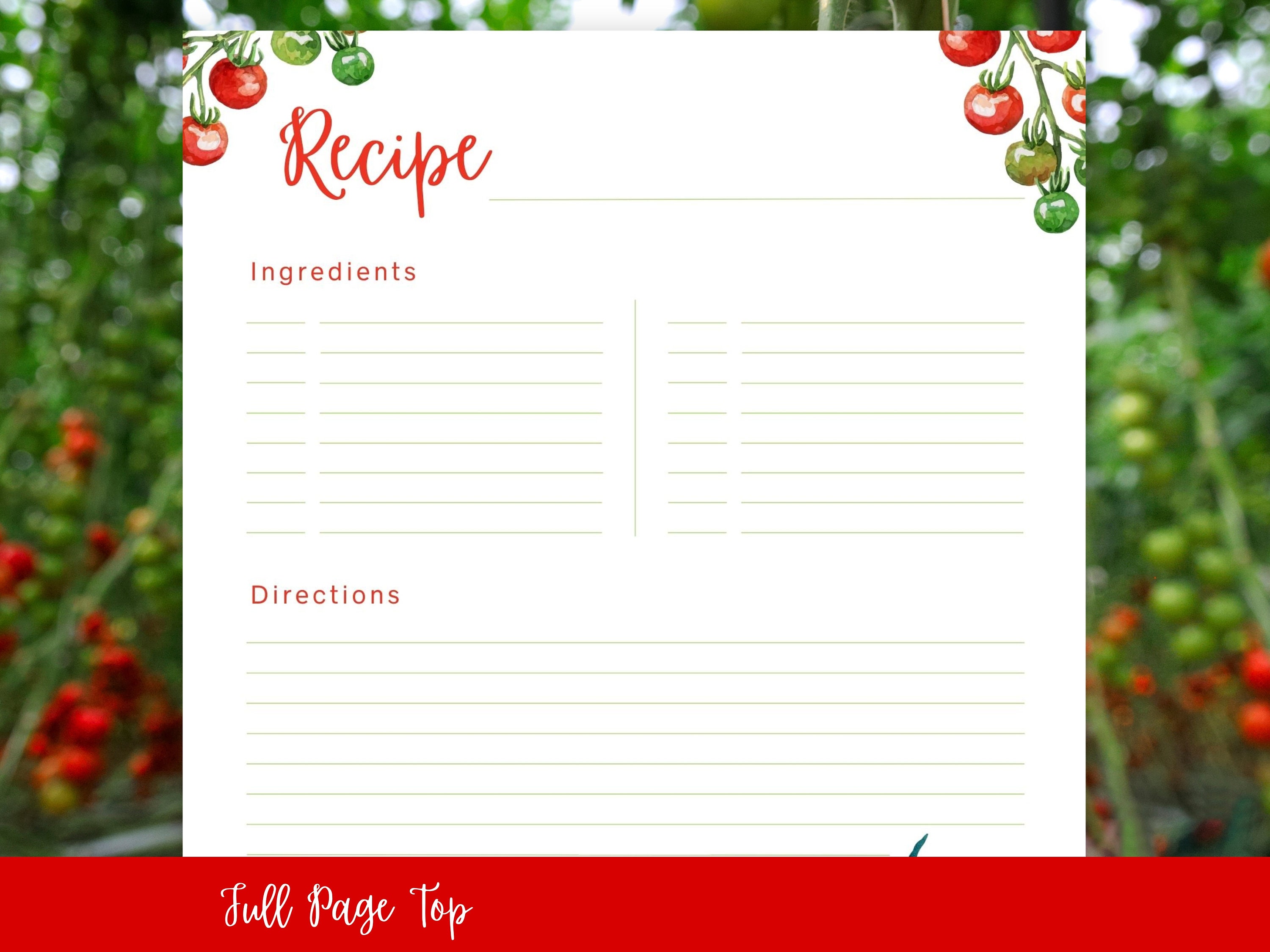Printable Tomato Recipe Pages | Custom Cookbook | Recipe Card Full Page ...