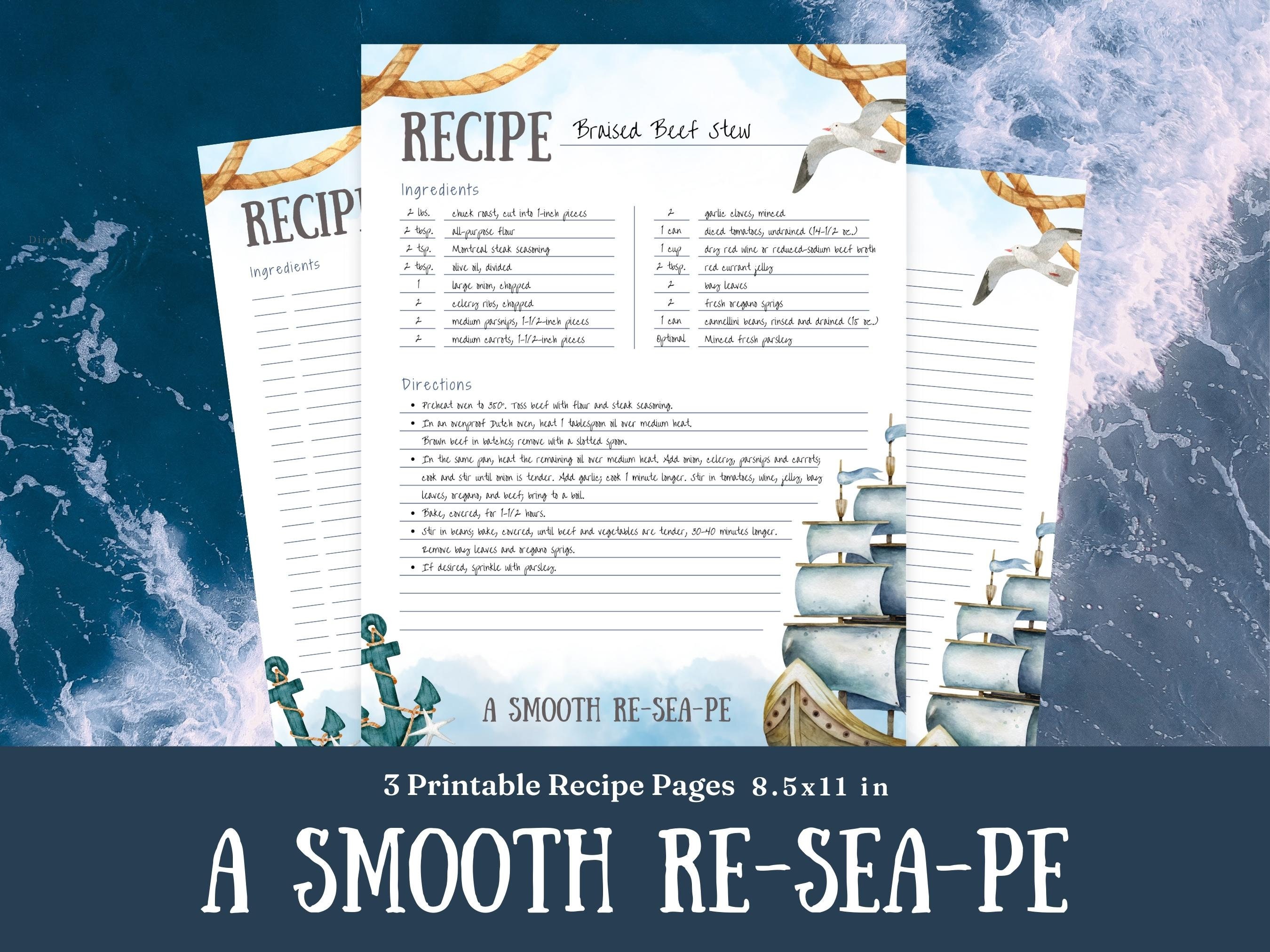 Printable Nautical/ship/anchor Recipe Pages Cookbook Binder Pages ...