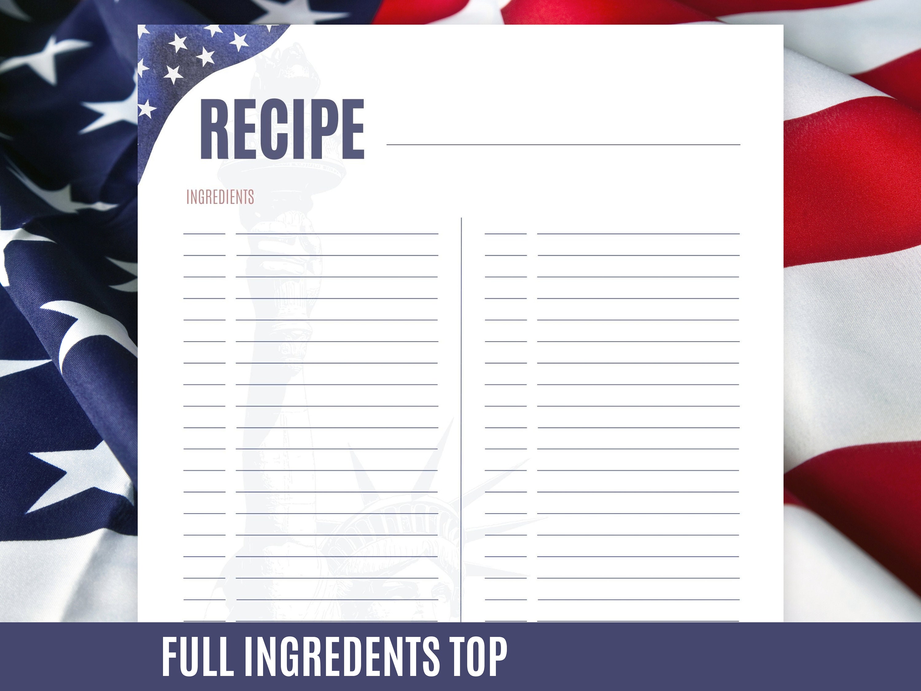 Printable Patriotic Recipe Pages | Custom Cookbook | Recipe Card Full ...