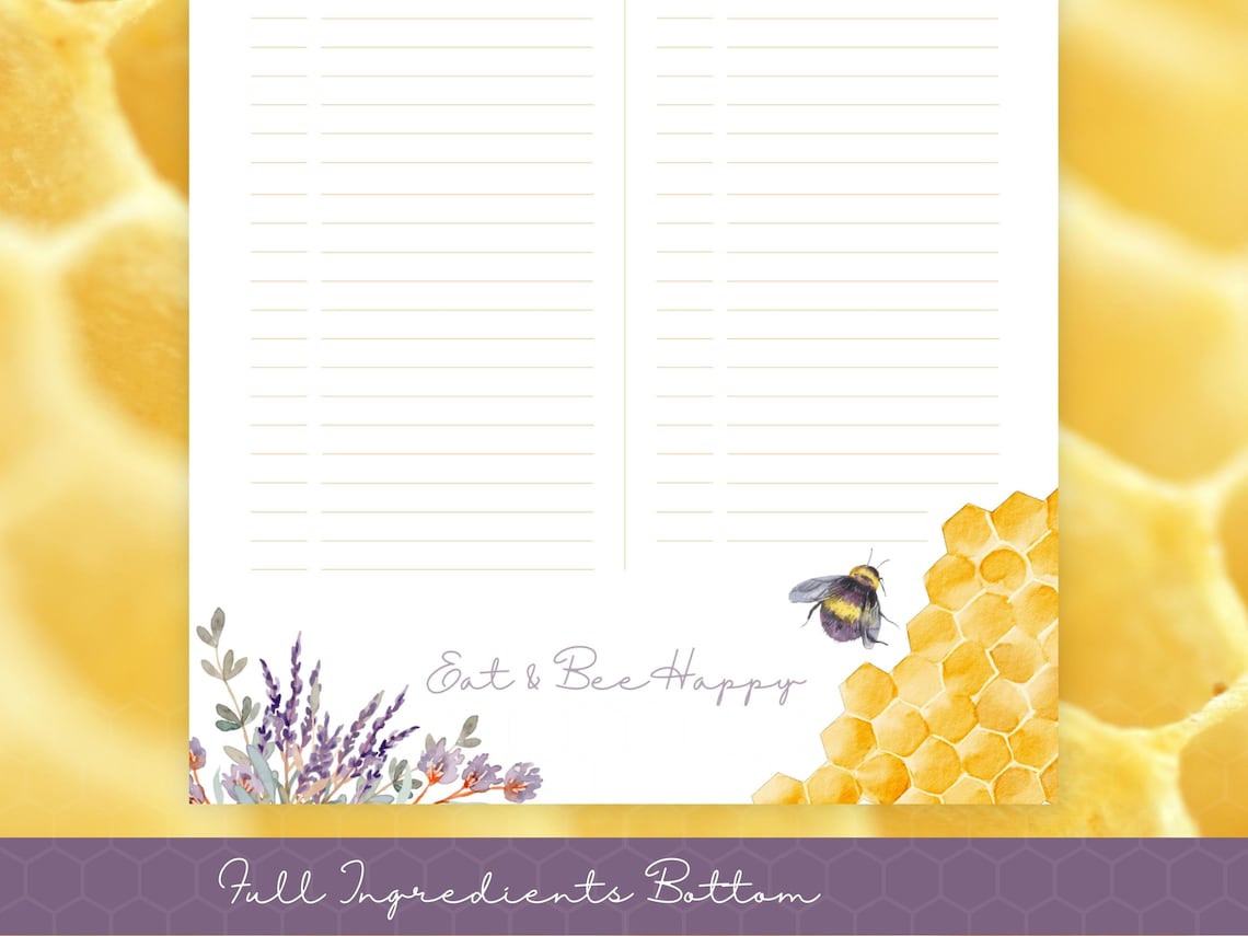 Printable Bee Recipe Pages | Cookbook Binder Pages | Recipe Card Full ...