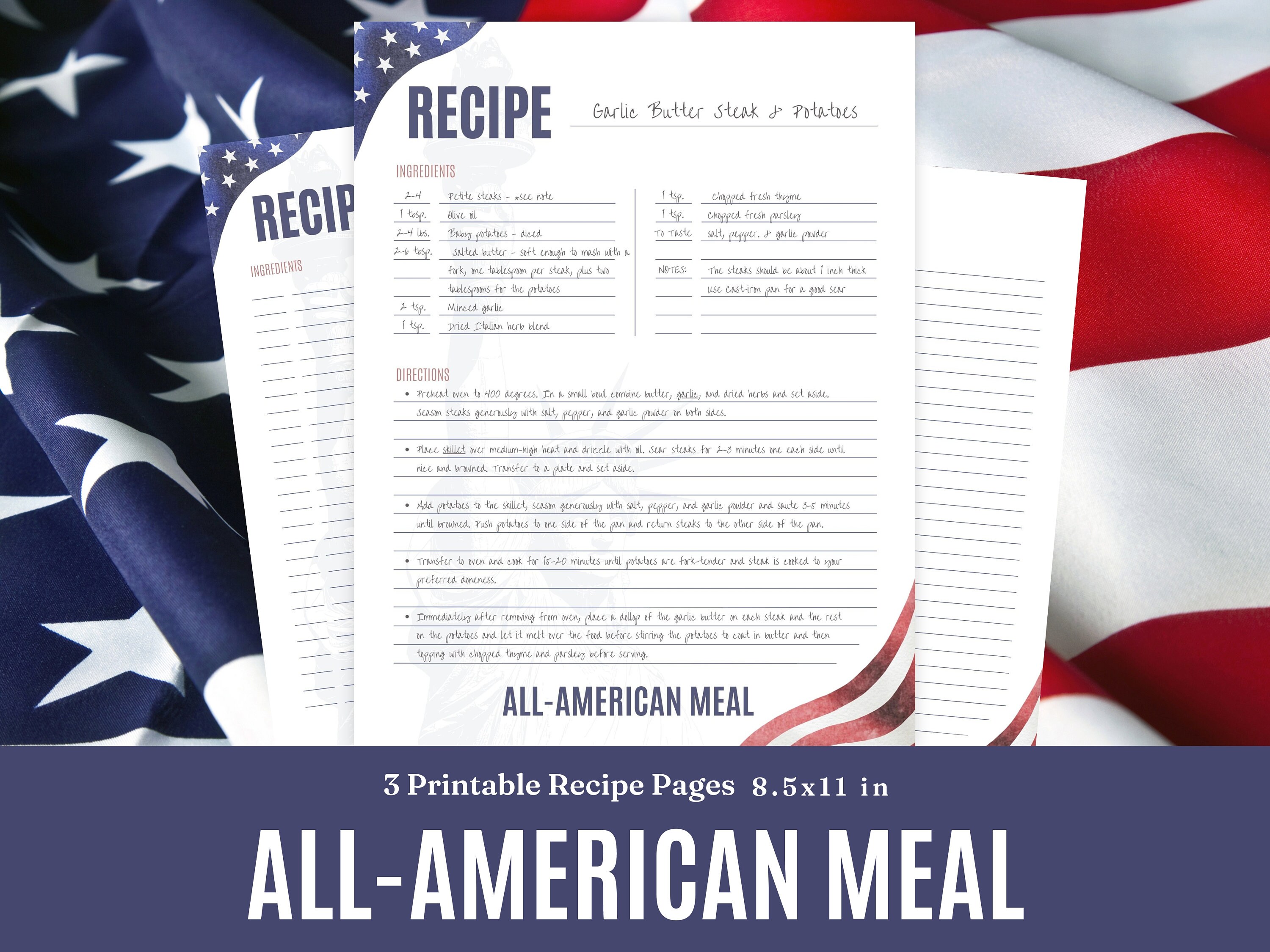 Printable Patriotic Recipe Pages | Custom Cookbook | Recipe Card Full ...