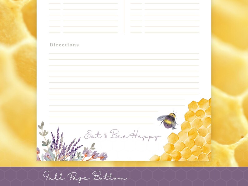 Printable Bee Recipe Pages | Cookbook Binder Pages | Recipe Card Full ...