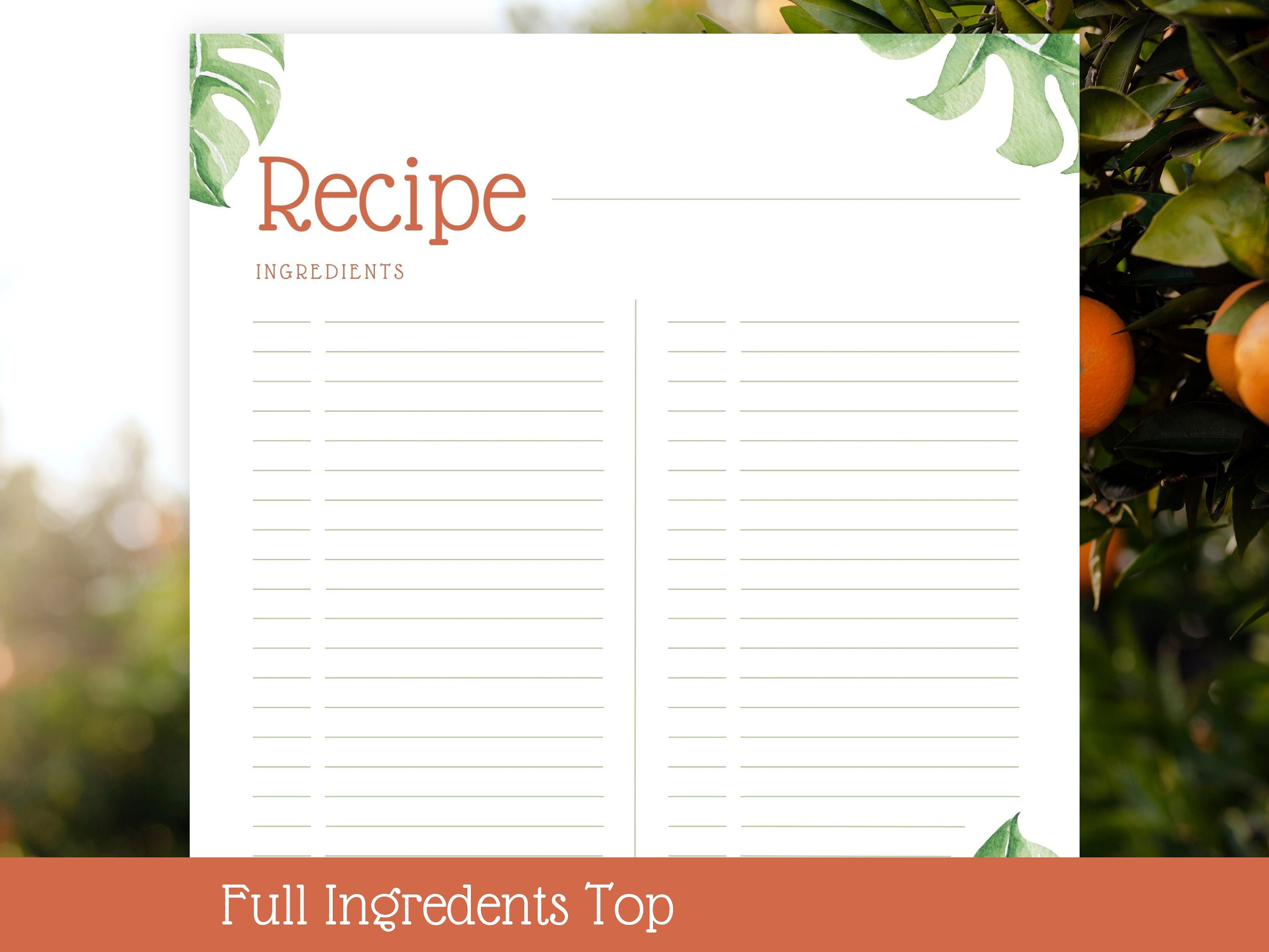 Printable Tropical Orange Recipe Pages | Custom Cookbook | Recipe Card ...