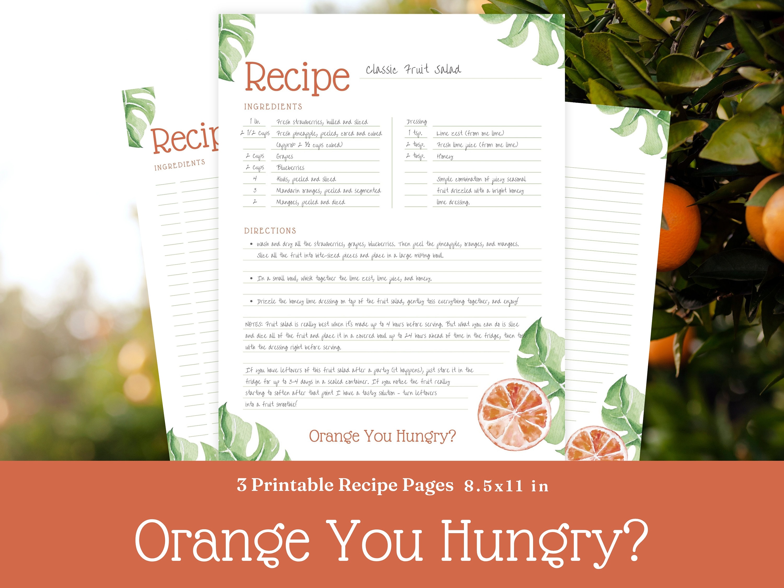 Printable Tropical Orange Recipe Pages | Custom Cookbook | Recipe Card ...