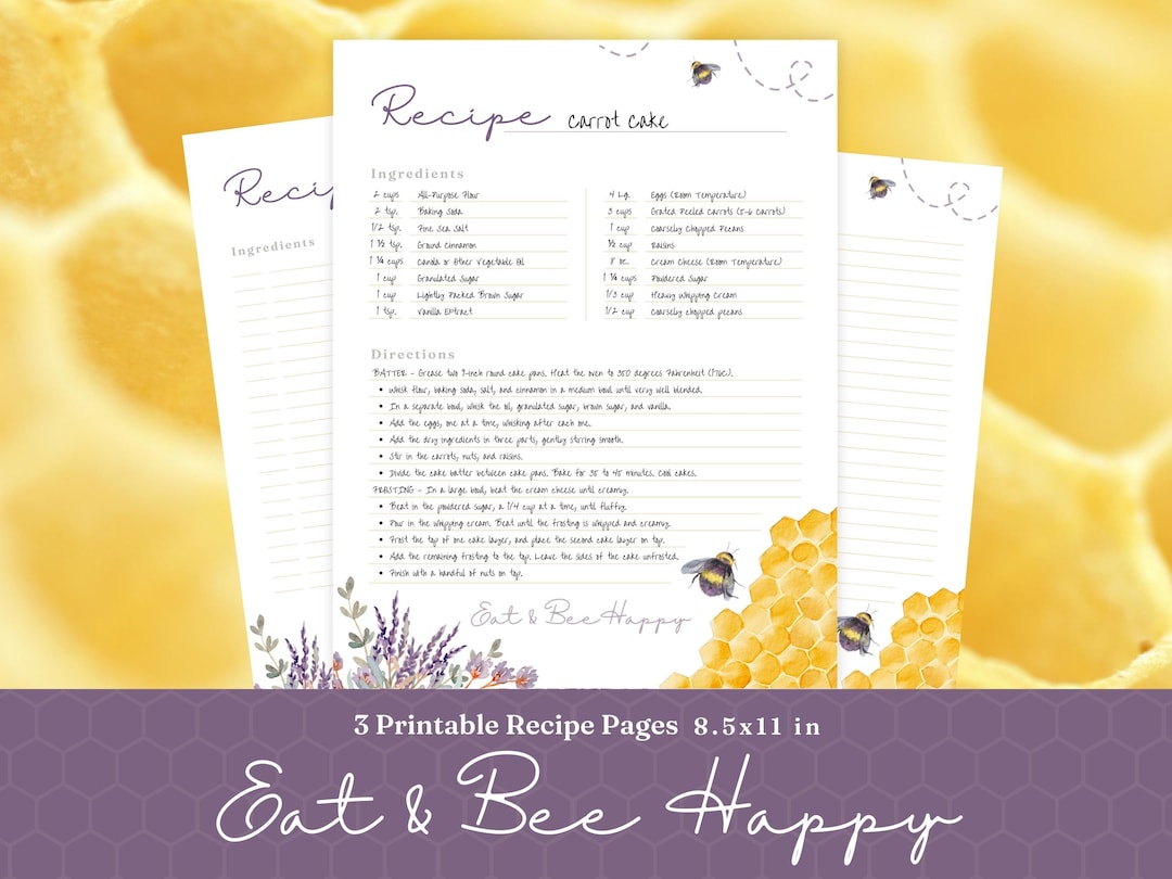 Printable Bee Recipe Pages | Cookbook Binder Pages | Recipe Card Full ...