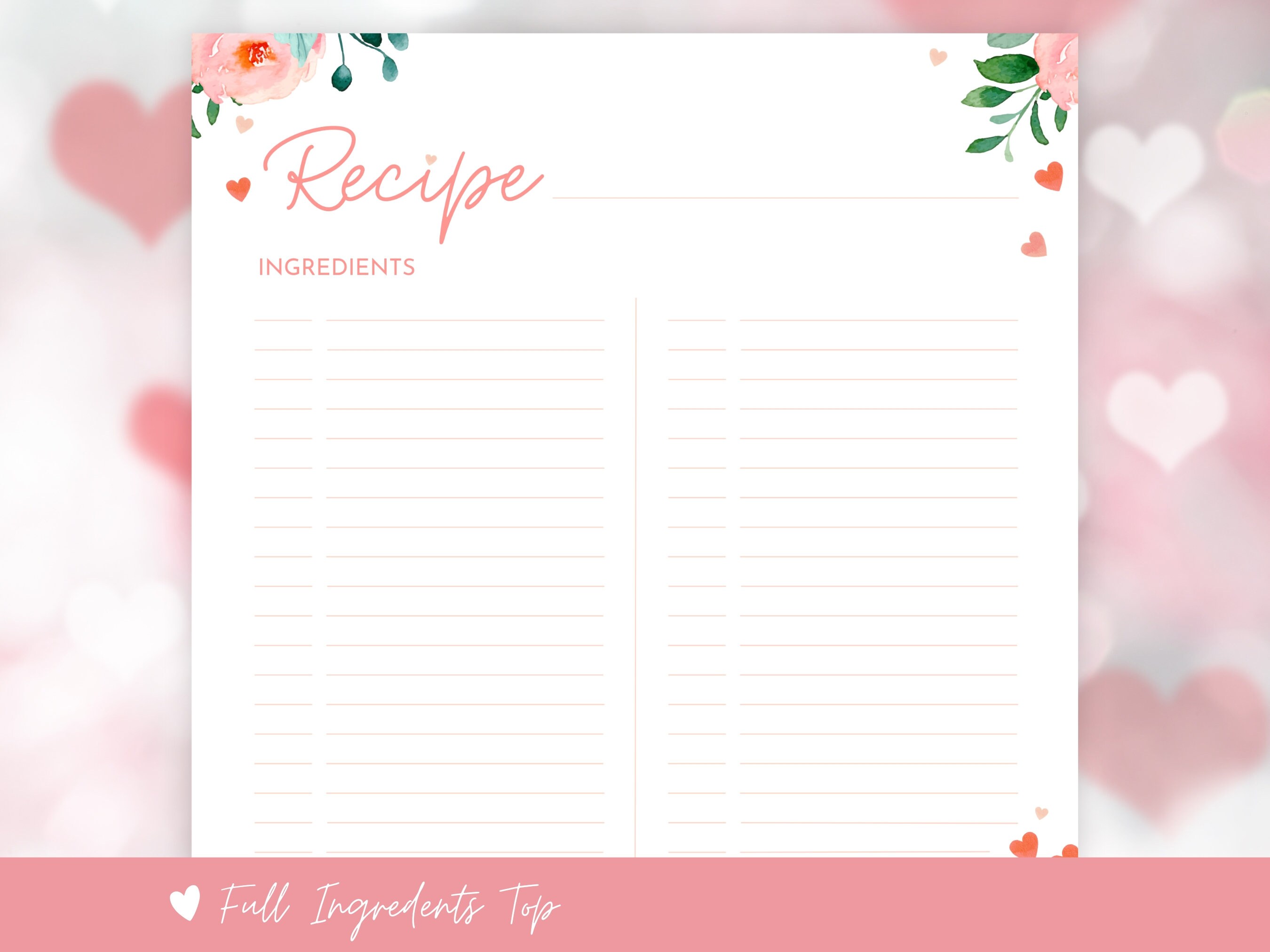 Printable Valentine's Heart / Floral Recipe Pages Custom Cookbook ...