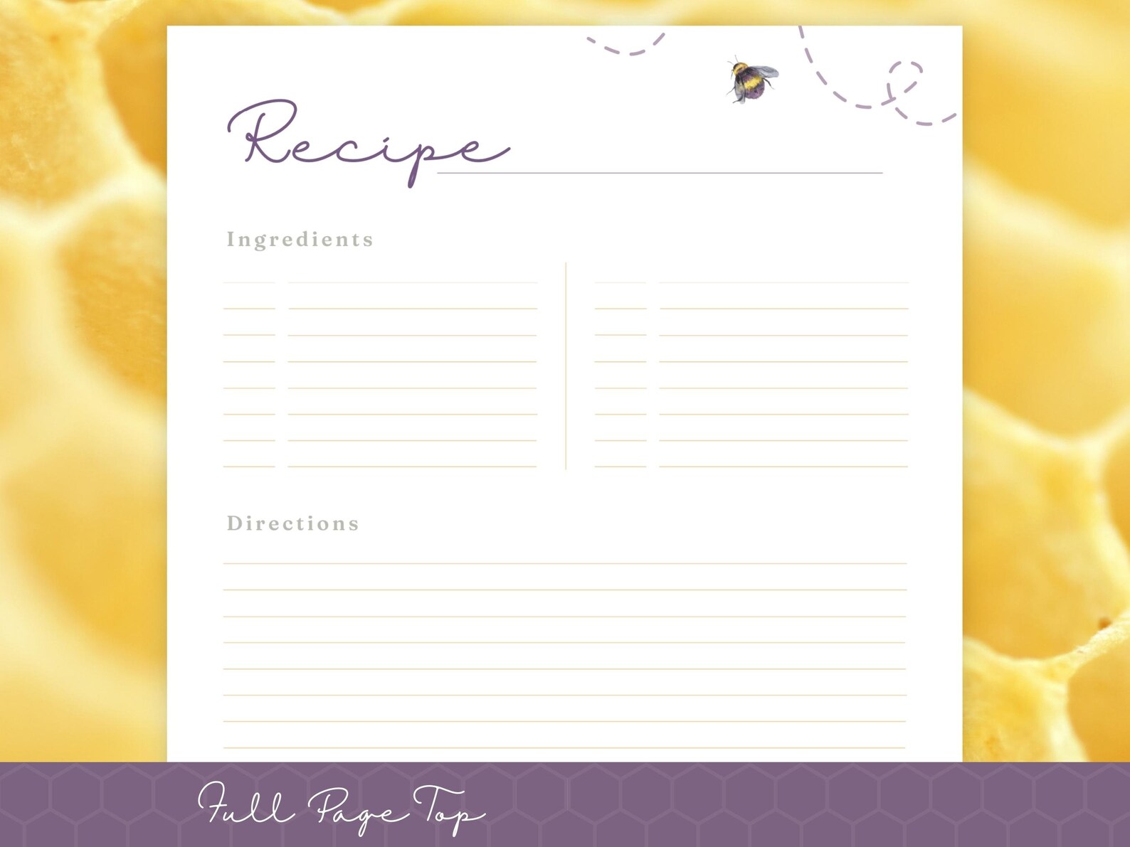 Printable Bee Recipe Pages | Cookbook Binder Pages | Recipe Card Full ...