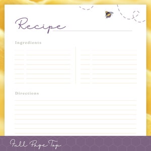 Printable Bee Recipe Pages | Cookbook Binder Pages | Recipe Card Full ...