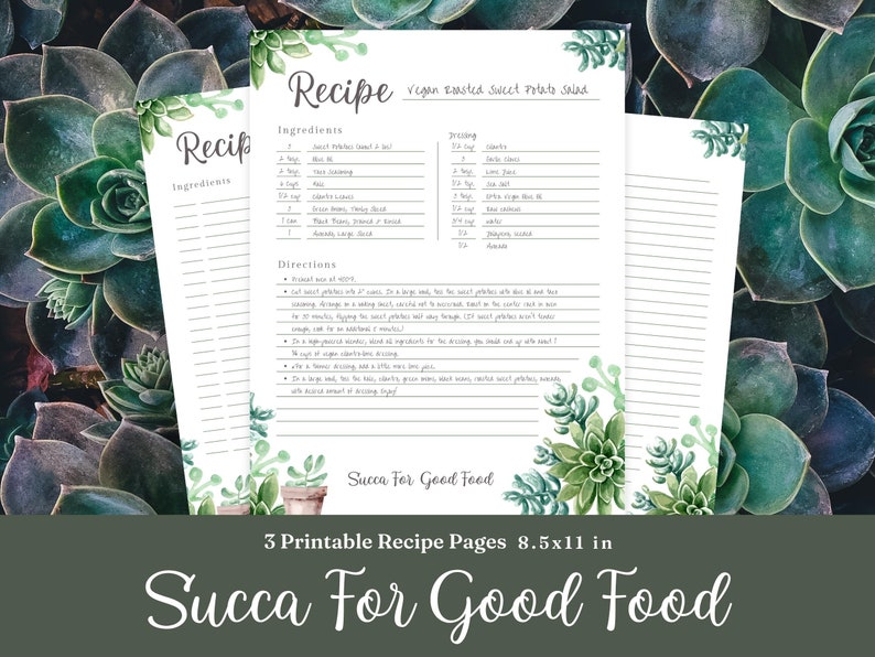 Printable Succulent Recipe Pages | Cookbook Binder Pages | Recipe Card ...