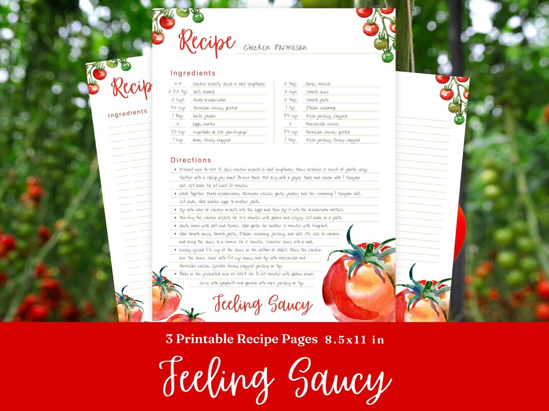 Printable Tomato Recipe Pages | Custom Cookbook | Recipe Card Full Page ...