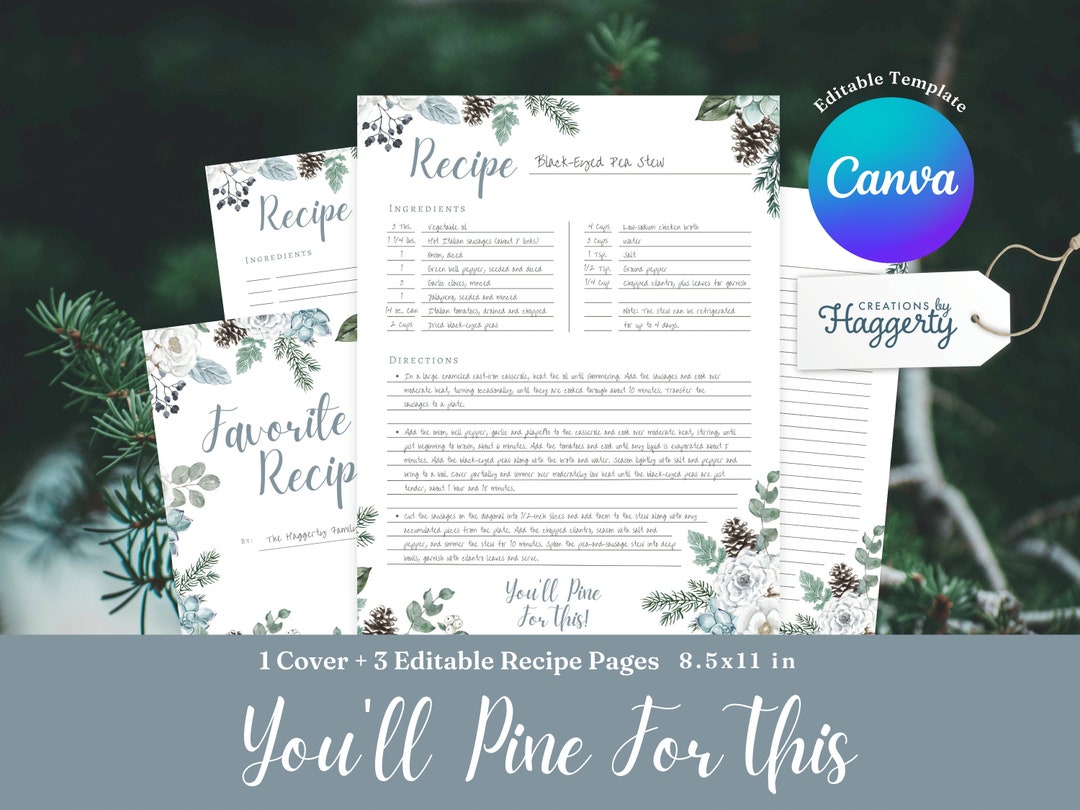 Canva Template | Pine Cone / Floral Recipe Pages | Custom Cookbook | Recipe Card Full Page | You ...