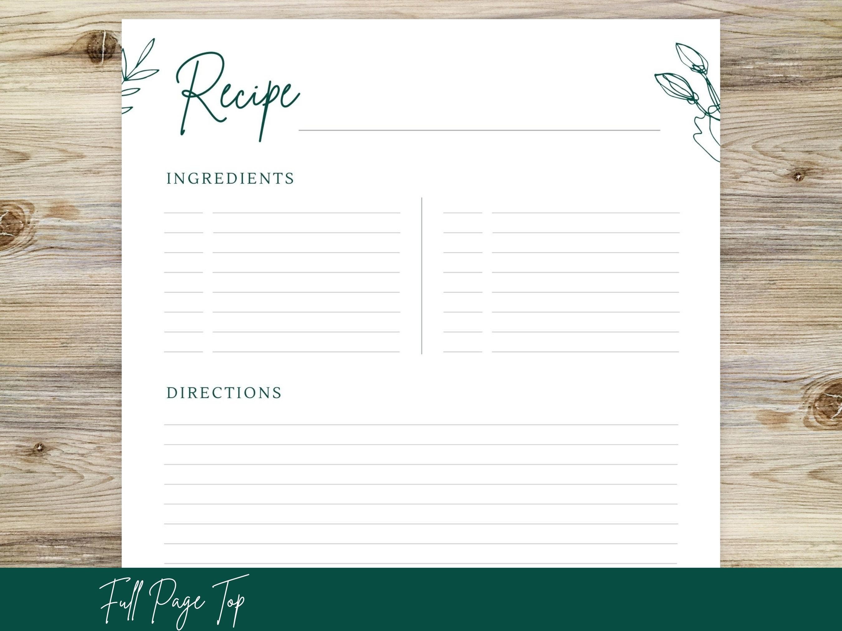 Printable Green Floral Recipe Pages | Cookbook Binder Pages | Recipe ...