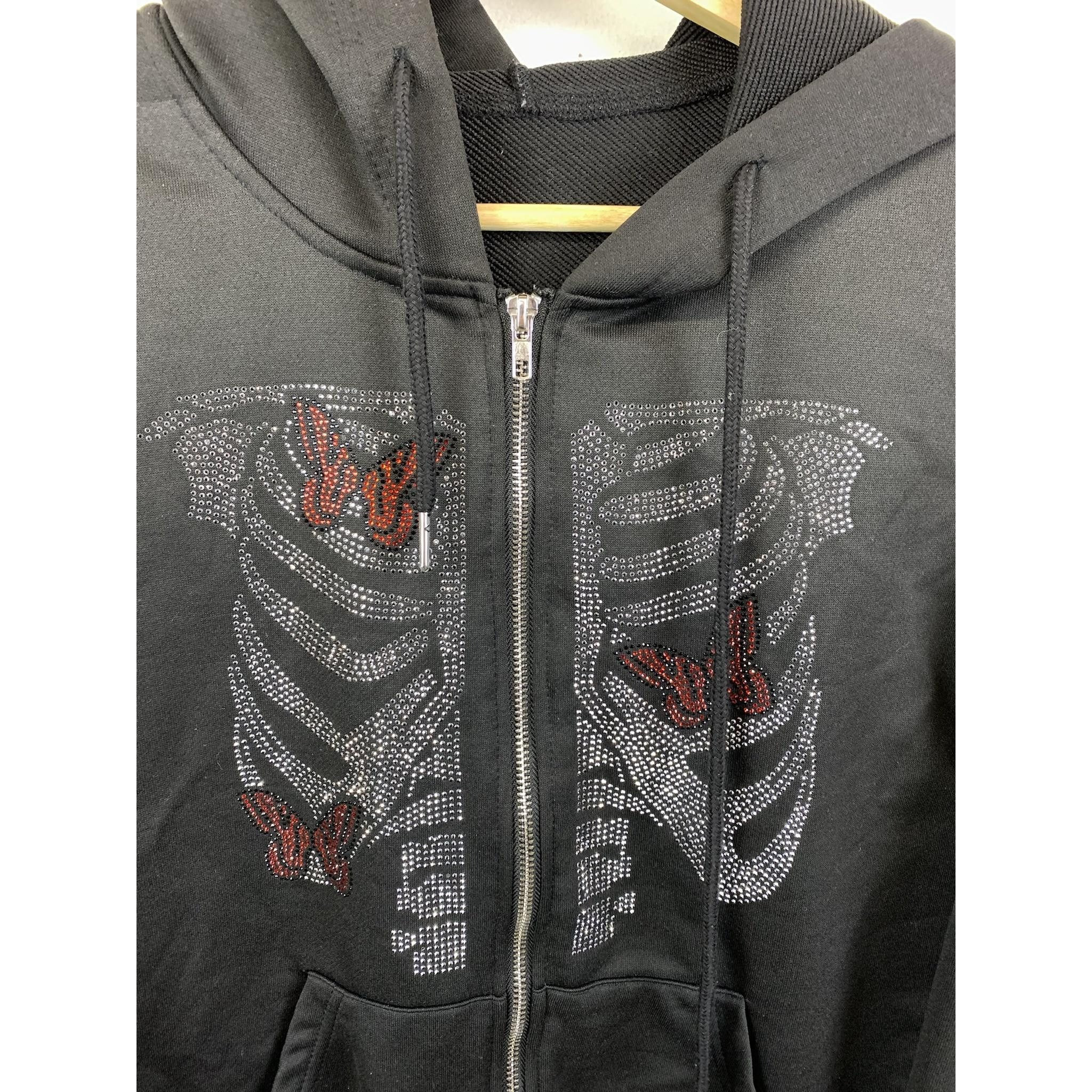 Vintage Rhinestone Skeleton Butterfly Zip Hoodie Size Small Custom Y2k Hoodie Crystal Design Zip ...