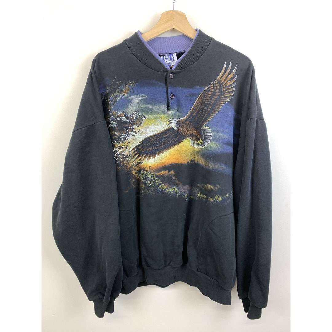 Vintage Eagle Crewneck 1990s Big Print Soaring Eagle XXL Vintage Art Animal Crewneck Cute Warm ...