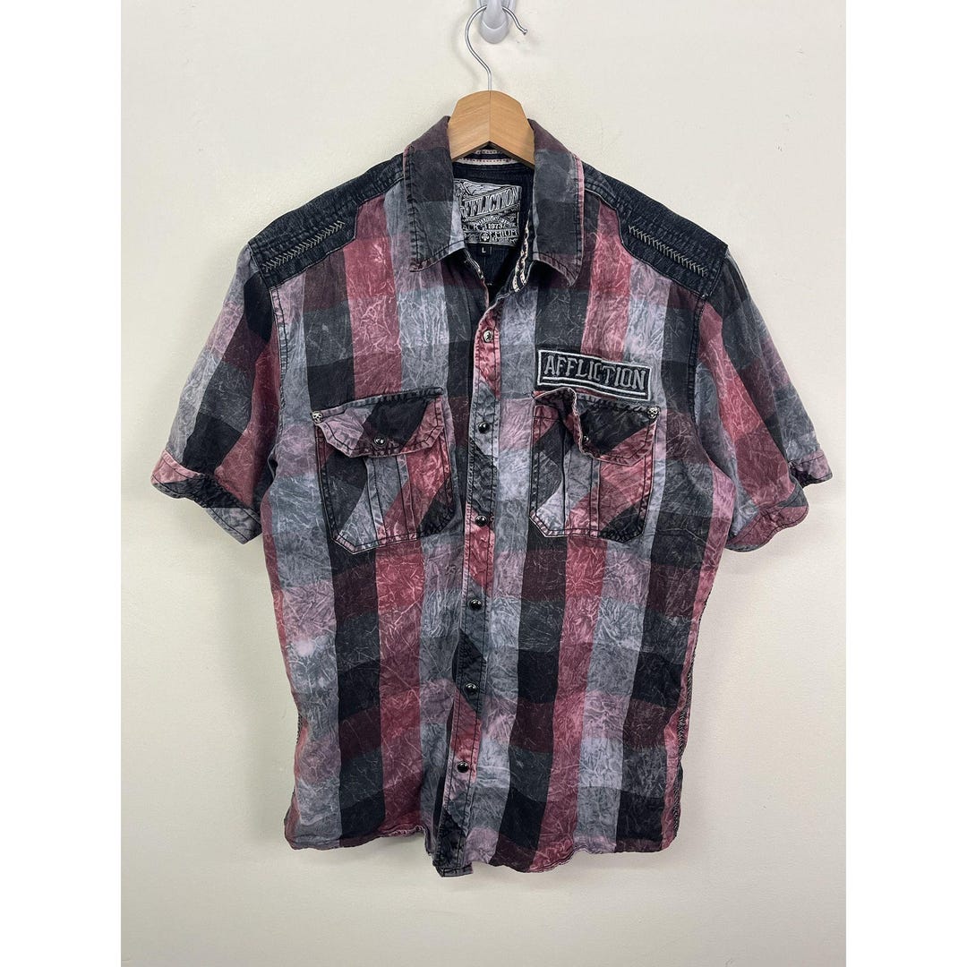 Vintage Affliction Y2K Red Black Check Acid Wash Pearl Snap Flannel ...