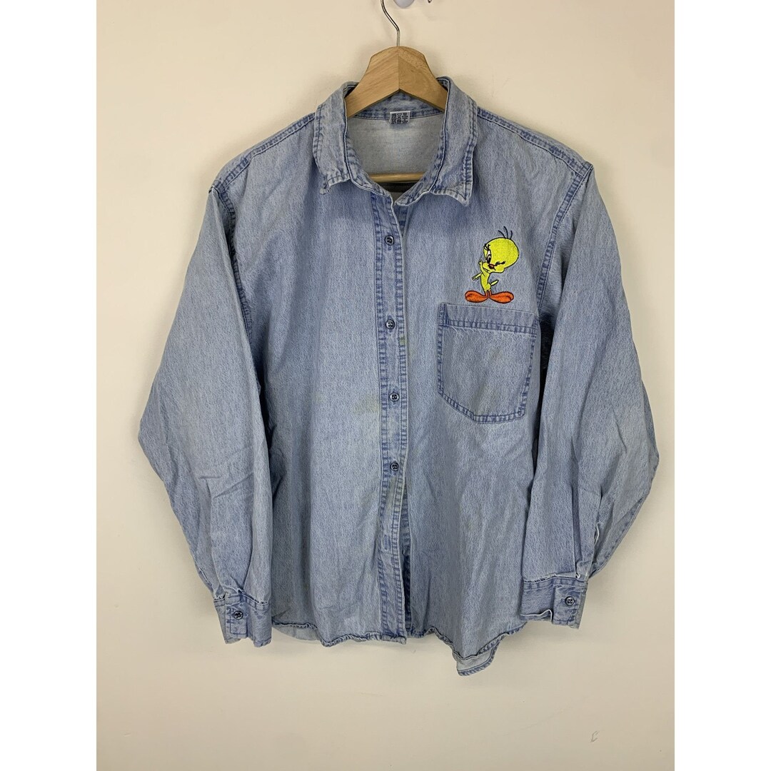 Vintage 90s Looney Tunes Tweety Bird Full Cast Embroidered Denim Button ...