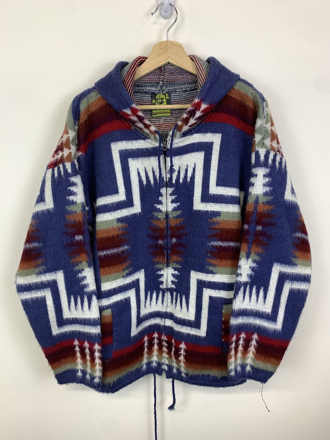 Vintage Ecuadorian Knit Aztec Design Poncho Cardigan Hoodie Size L - Etsy