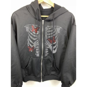 Vintage Rhinestone Skeleton Butterfly Zip Hoodie Size Small Custom Y2k Hoodie Crystal Design Zip ...
