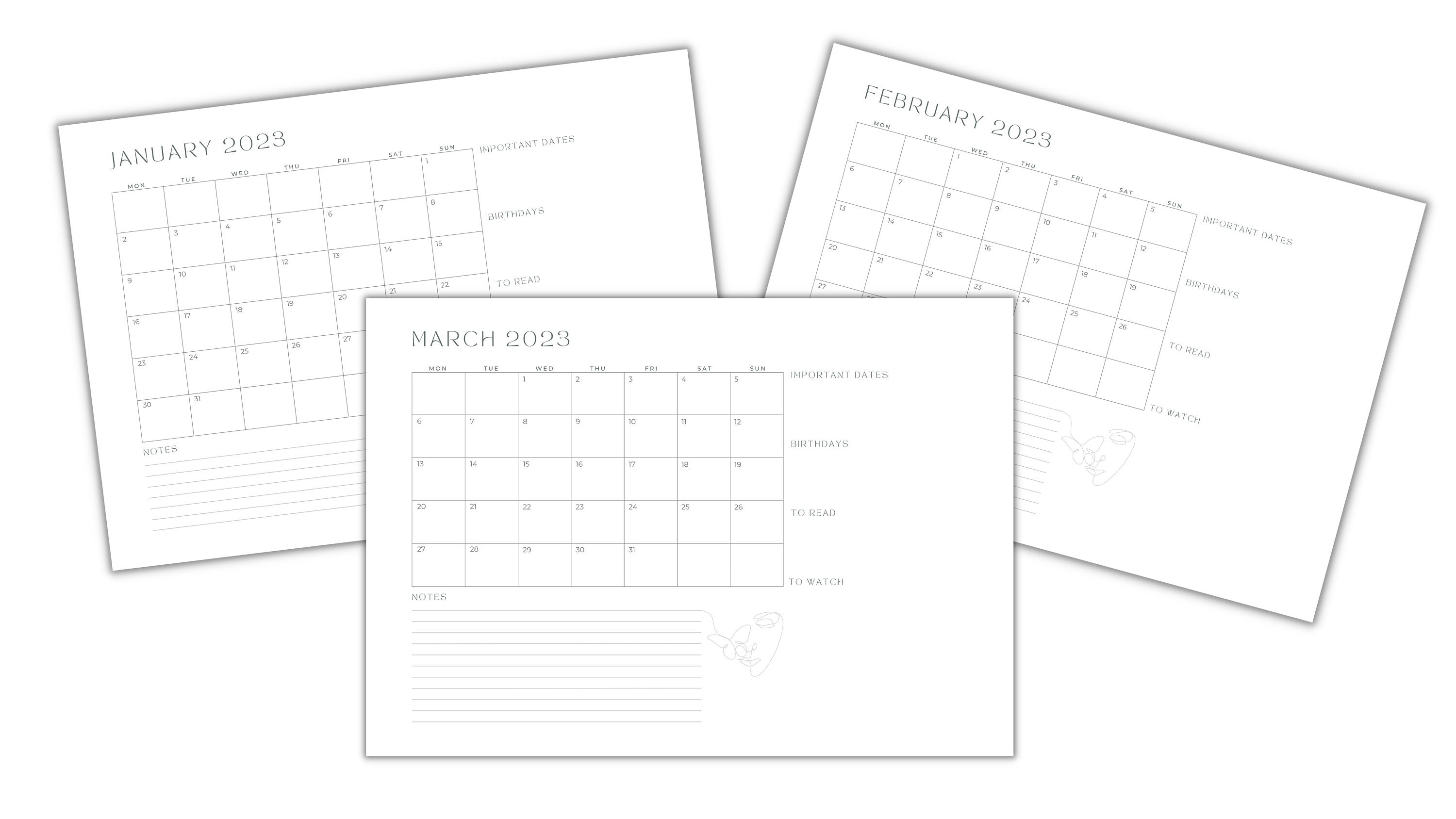 Simple Printable 2023 Calendar (with Space for Notes) - Etsy