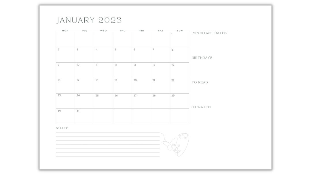 Simple Printable 2023 Calendar (with Space for Notes) - Etsy