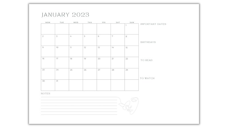 Simple Printable 2023 Calendar (with Space for Notes) - Etsy