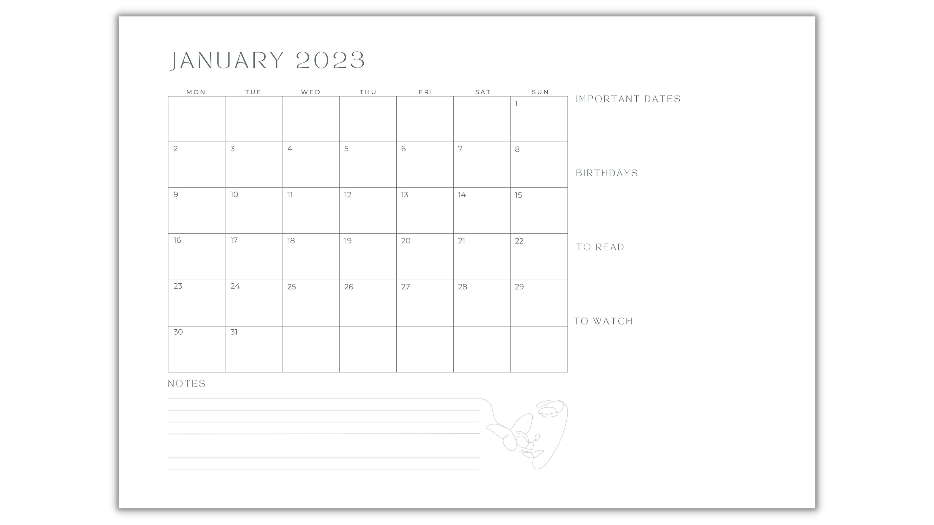 Simple Printable 2023 Calendar (with Space for Notes) - Etsy