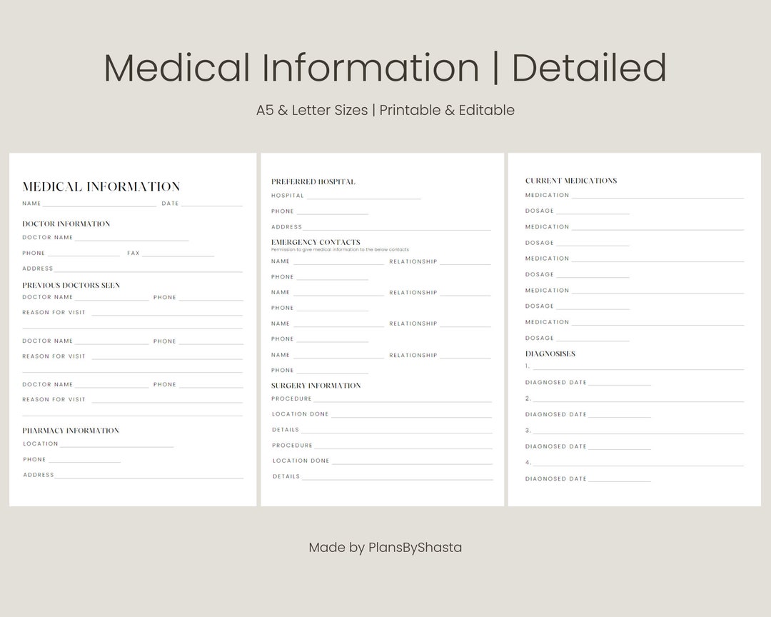 2023 | Medical Information Tracker | Detailed | Instant Download, A4 ...