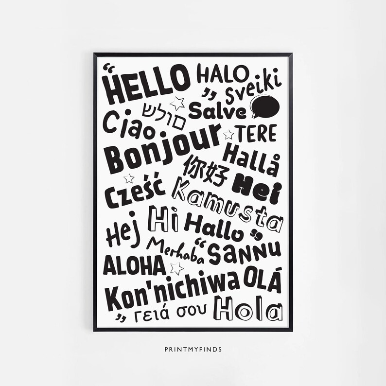 Black and White Printable Hello Poster in Different Languages ...