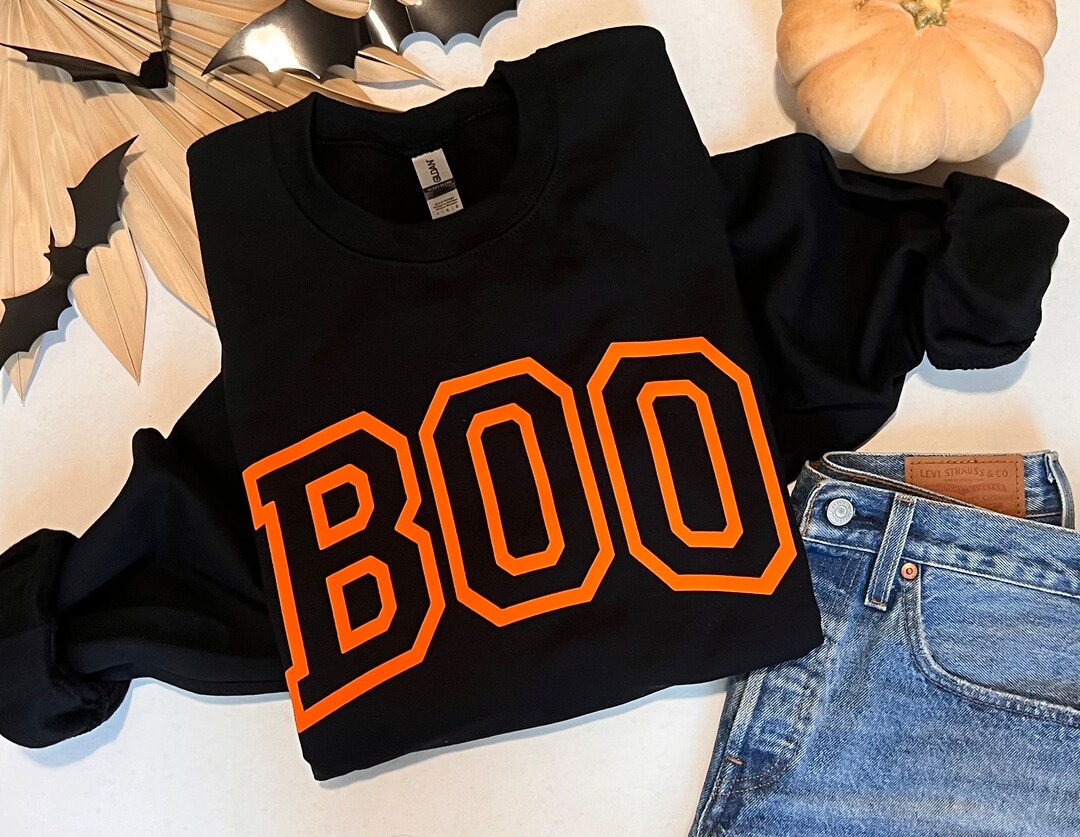 BOO Sweatshirt, Halloween Sweatshirt, Orange Puff Print on Black ...