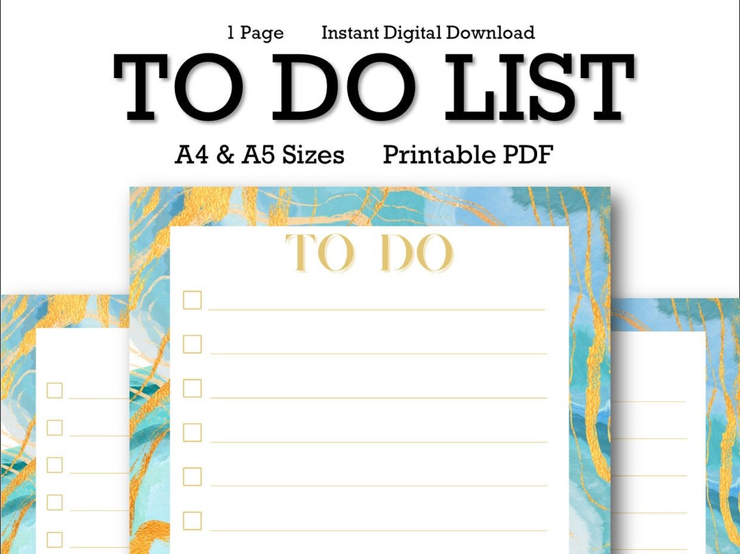 Printable to Do List, Blue Gold Marble Effect Border, Instant Download ...
