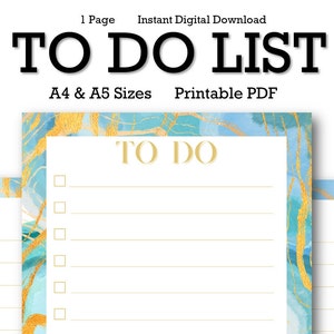 Printable to Do List, Blue Gold Marble Effect Border, Instant Download ...