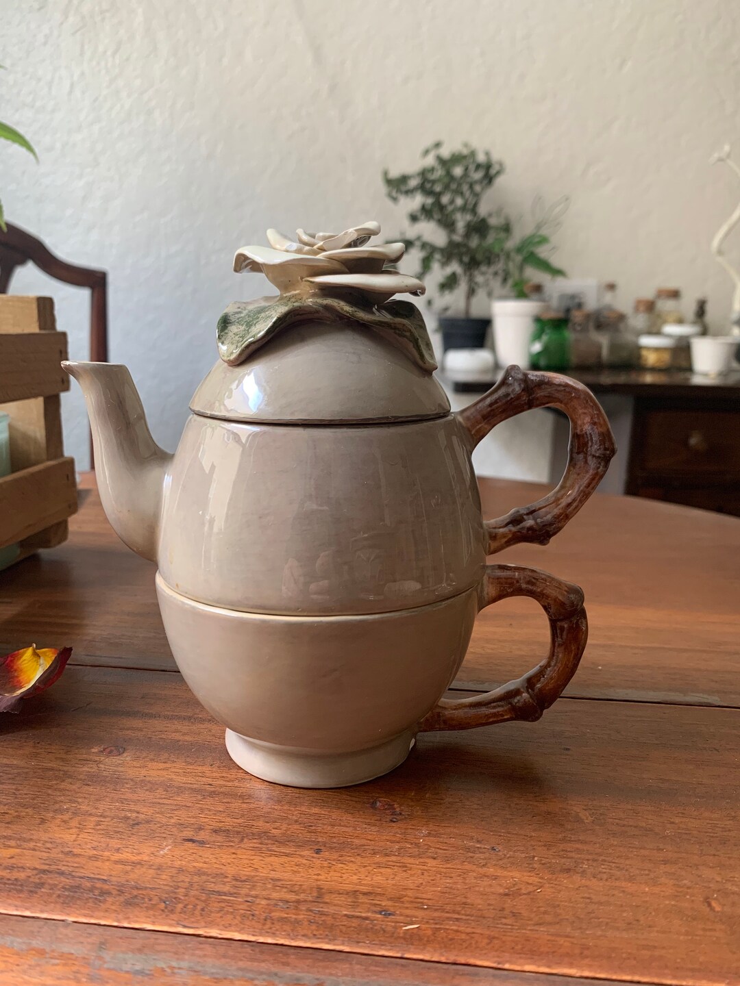 Ceramic Rose Topped Cottagecore Three Piece Stacking Tea Pot Set - Etsy