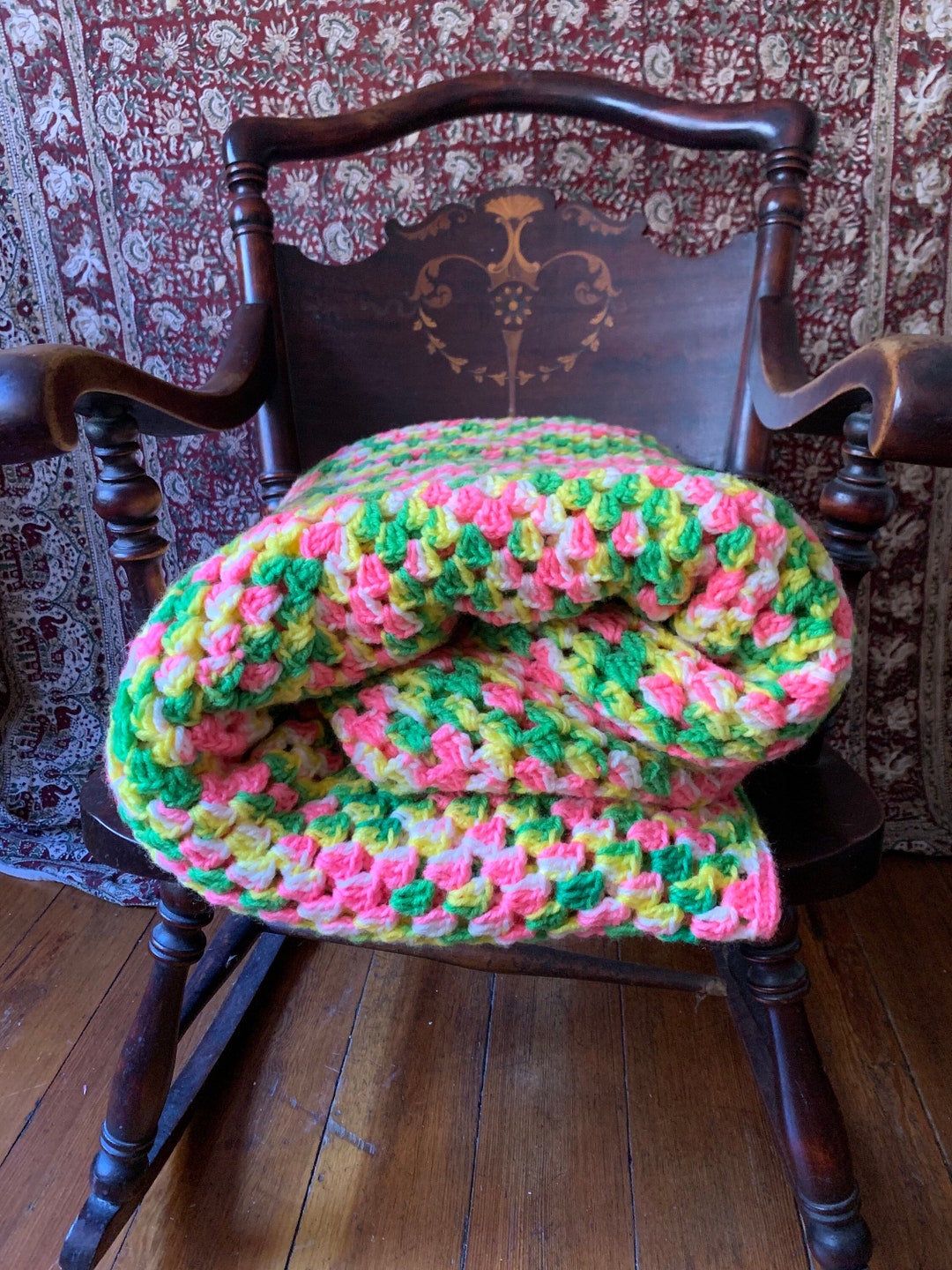 Large Pink Green Yellow White Neon Hand Knit Crochet Afghan Throw ...