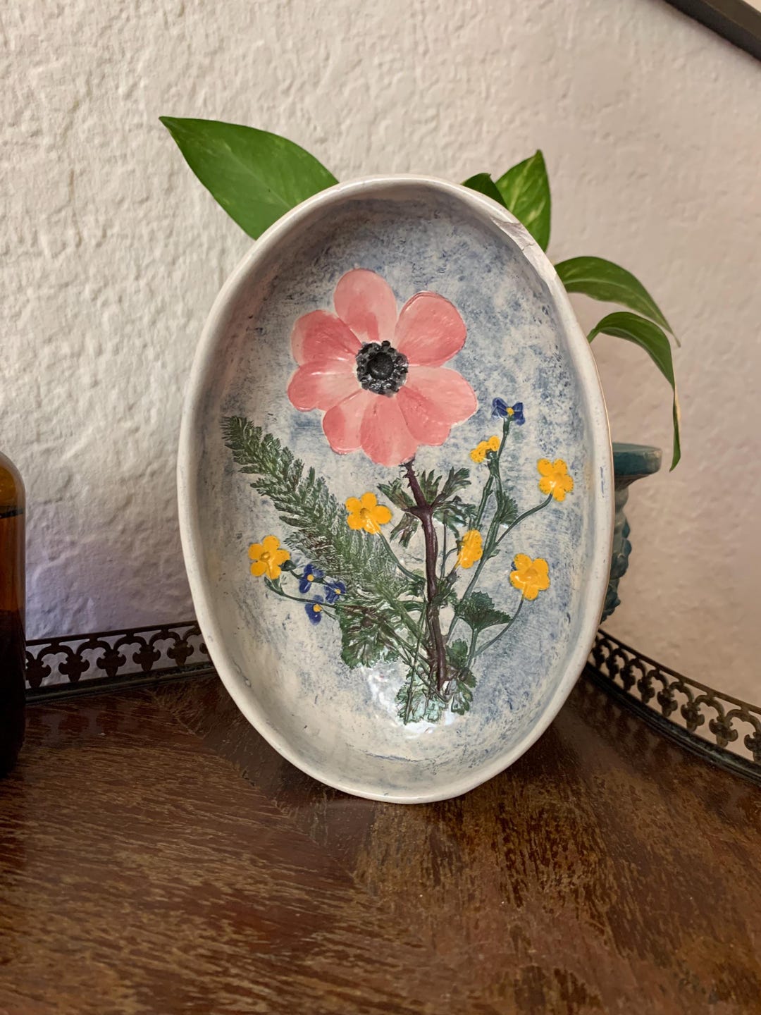 Vintage 1988 Salt Marsh Pottery Handpainted Pressed Flower Botanical ...