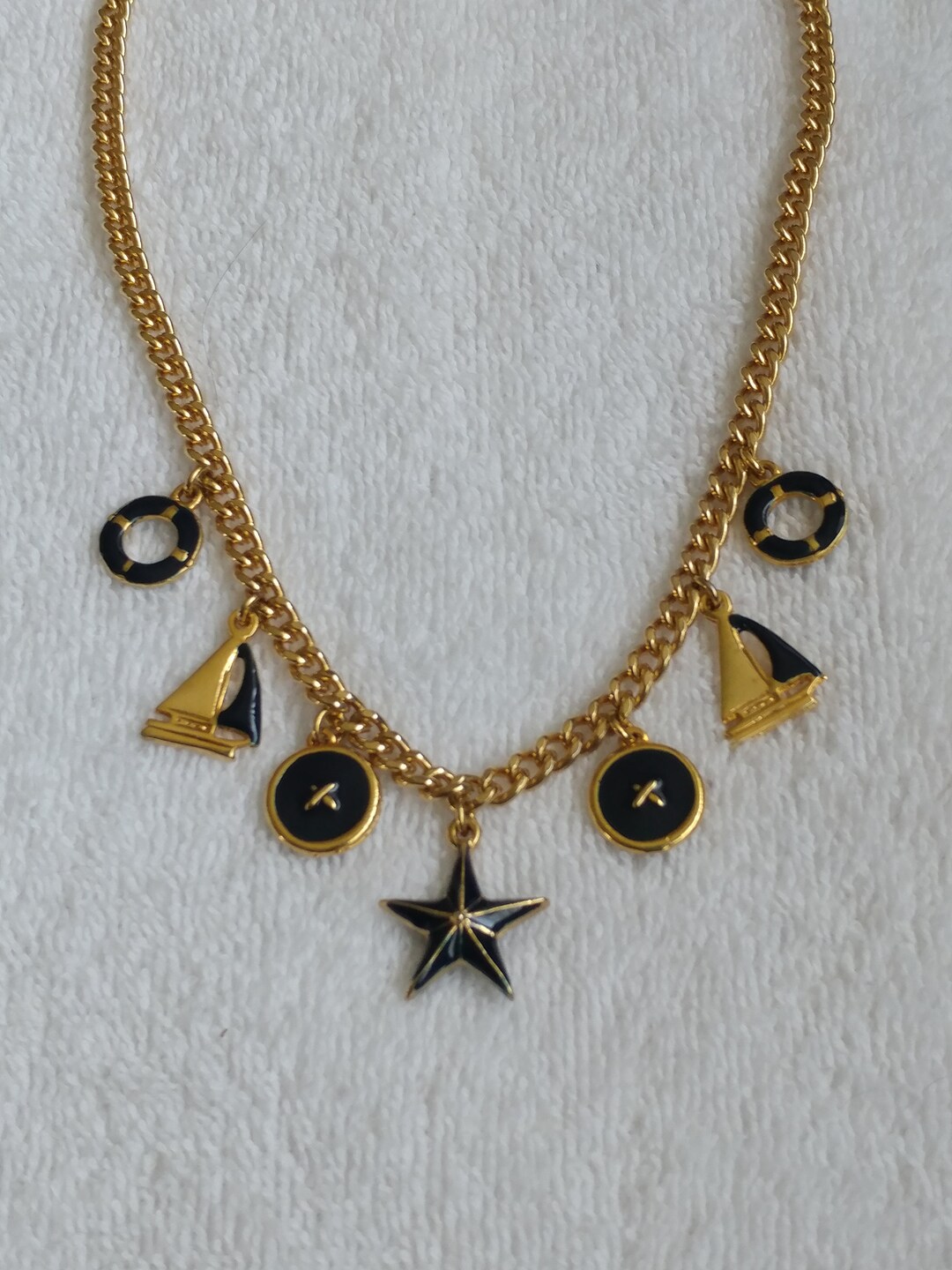 Nautical Necklace With Navy Blue and Goldtone Charms on Goldtone Chain ...