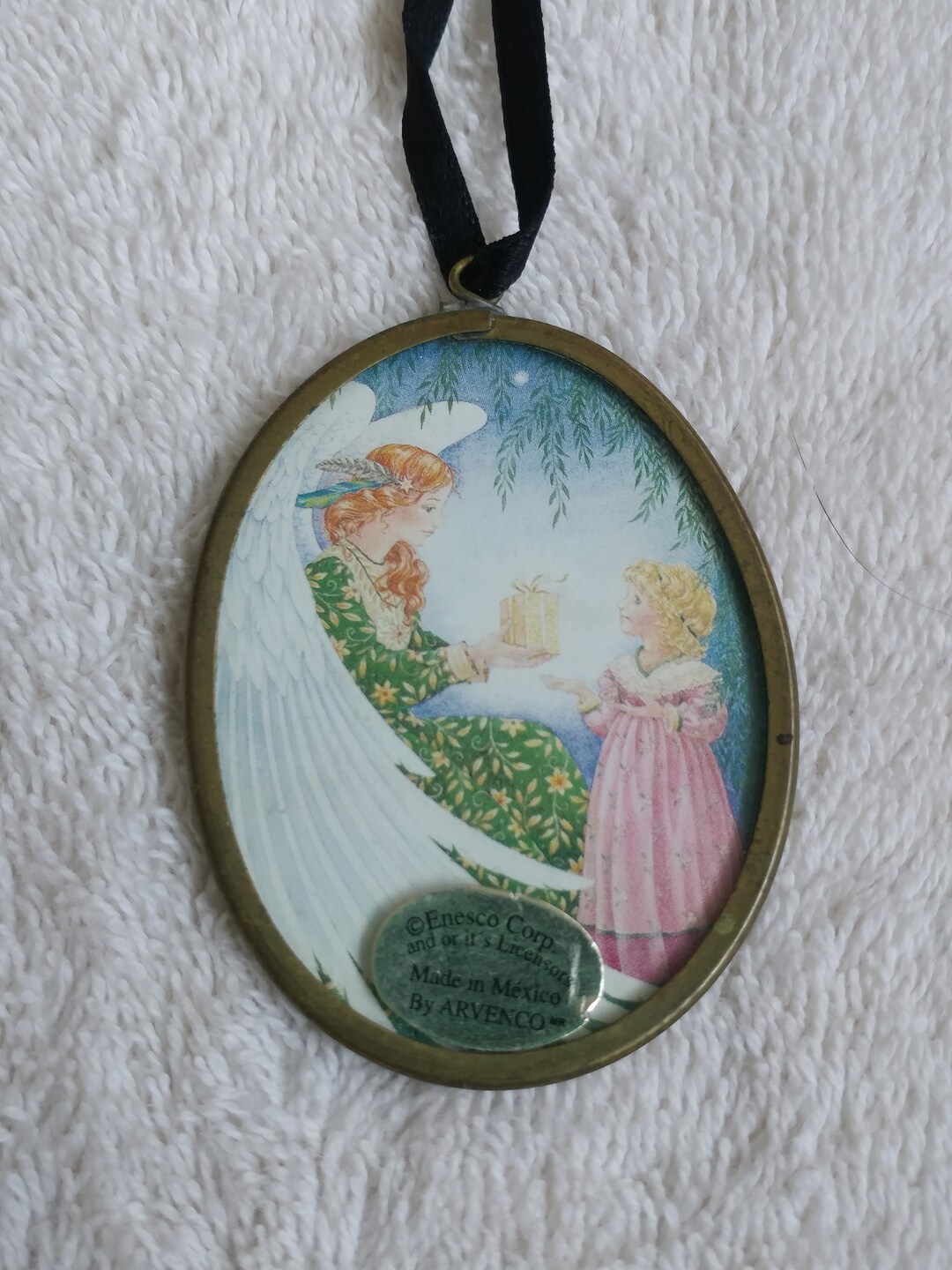 Vintage Enesco Christmas Ornament With Angel and Child in Oval Frame ...