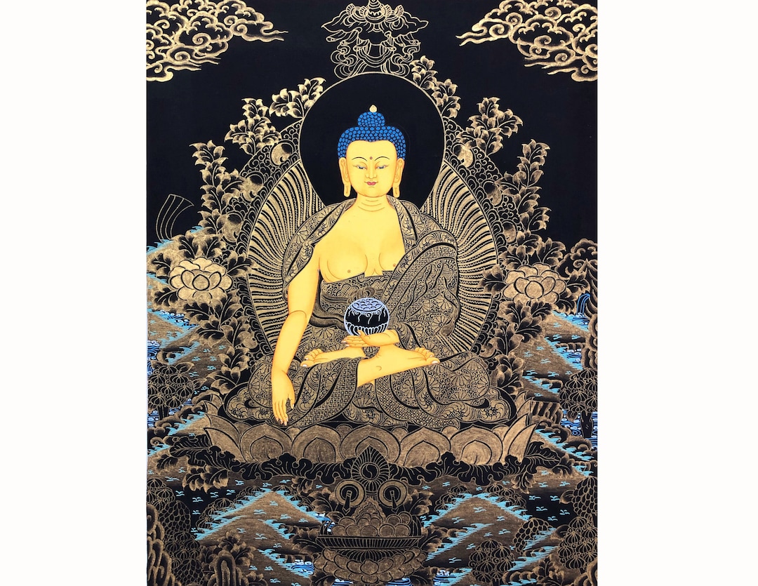Shakyamuni Buddha With Auspicious Decoration, Genuine Hand Painted ...